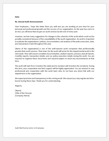 Audit Notification Letter to Employees | Download Samples
