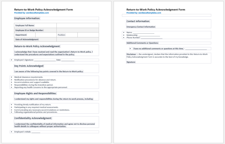 Return to Work Form Templates for Word | Download Samples