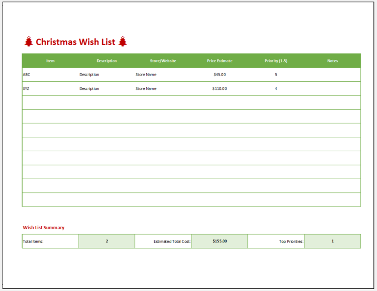 Christmas Wish List Templates for Excel | Download for Excel
