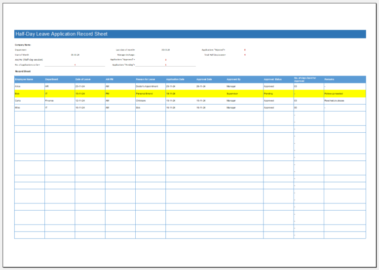 Half-Day Leave Application Record Sheet | Download for Excel