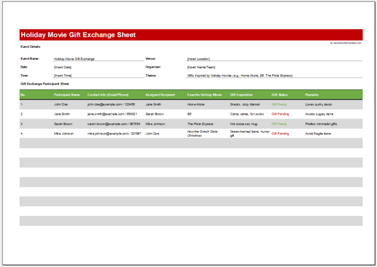 Holiday Movie Gift Exchange Sheet | Download Excel Template
