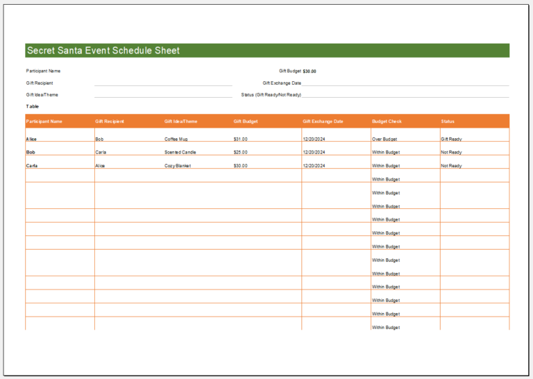 Secret Santa Event Schedule Sheet for Excel | Download/Save
