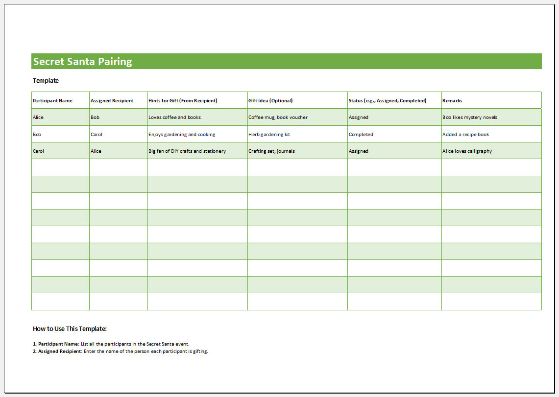 Secret Santa Pairing Template with Hints | Download File