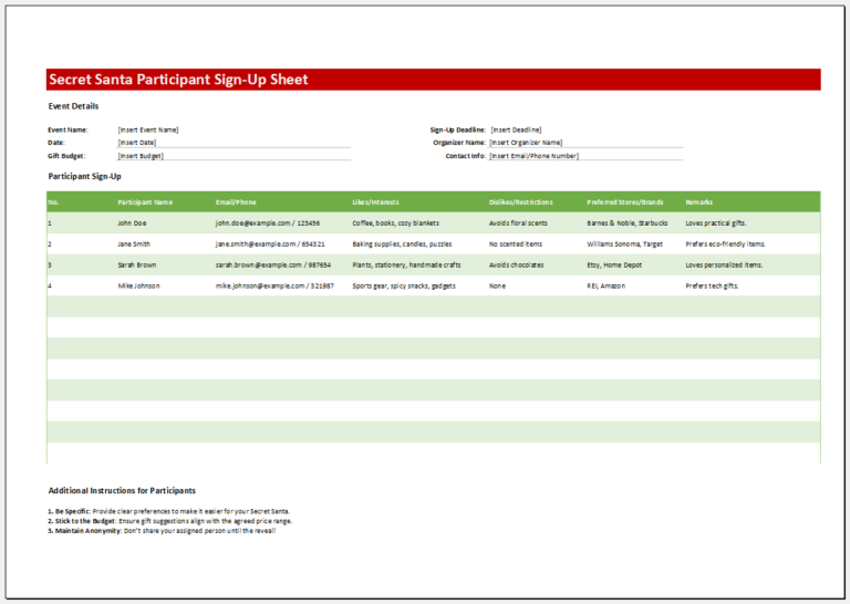 Secret Santa Participant Signup Sheet | Download/Save File