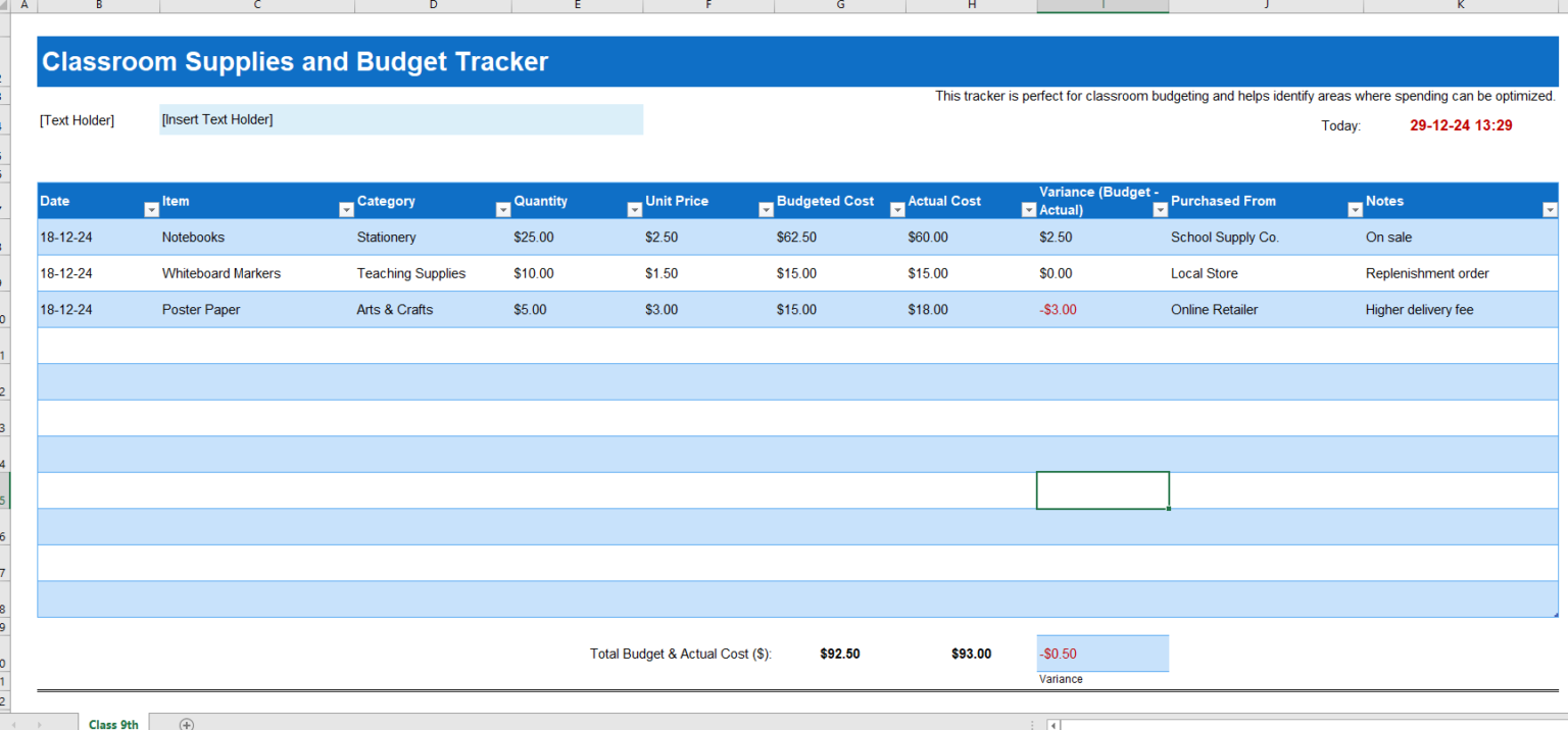 Classroom Supplies & Budget Tracker Template for Excel