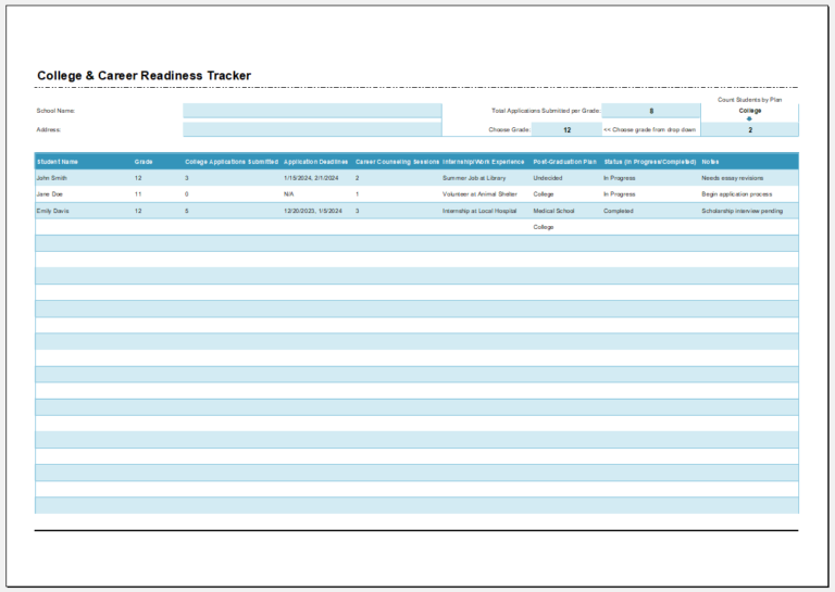 College & Career Readiness Tracker Template for Excel | Save