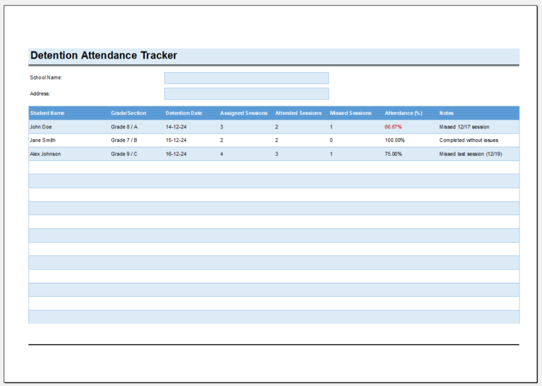 Detention Attendance Tracker Template for Excel | Download