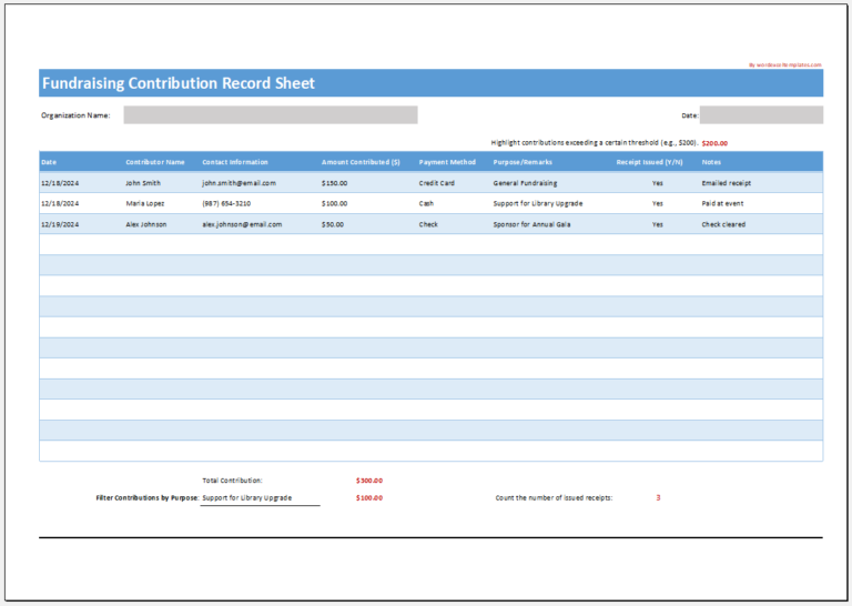 Fundraising Contribution Record Sheet for Excel | Download