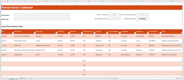 School Event Calendar Template for Excel | Download/Save