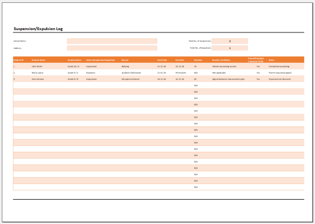 Suspension & Expulsion Log Template for Excel | Download