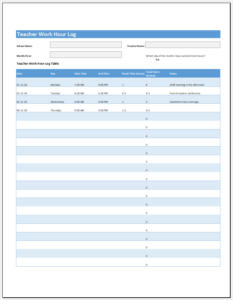 Teacher Work Hours Log Template for Excel | Download/Save