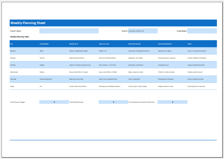 Weekly Planning Template for Teachers | Download Excel File