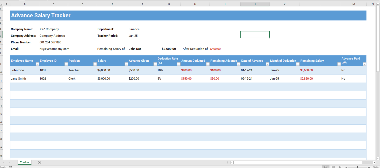 Advance Salary Tracker Template for Excel | Download File
