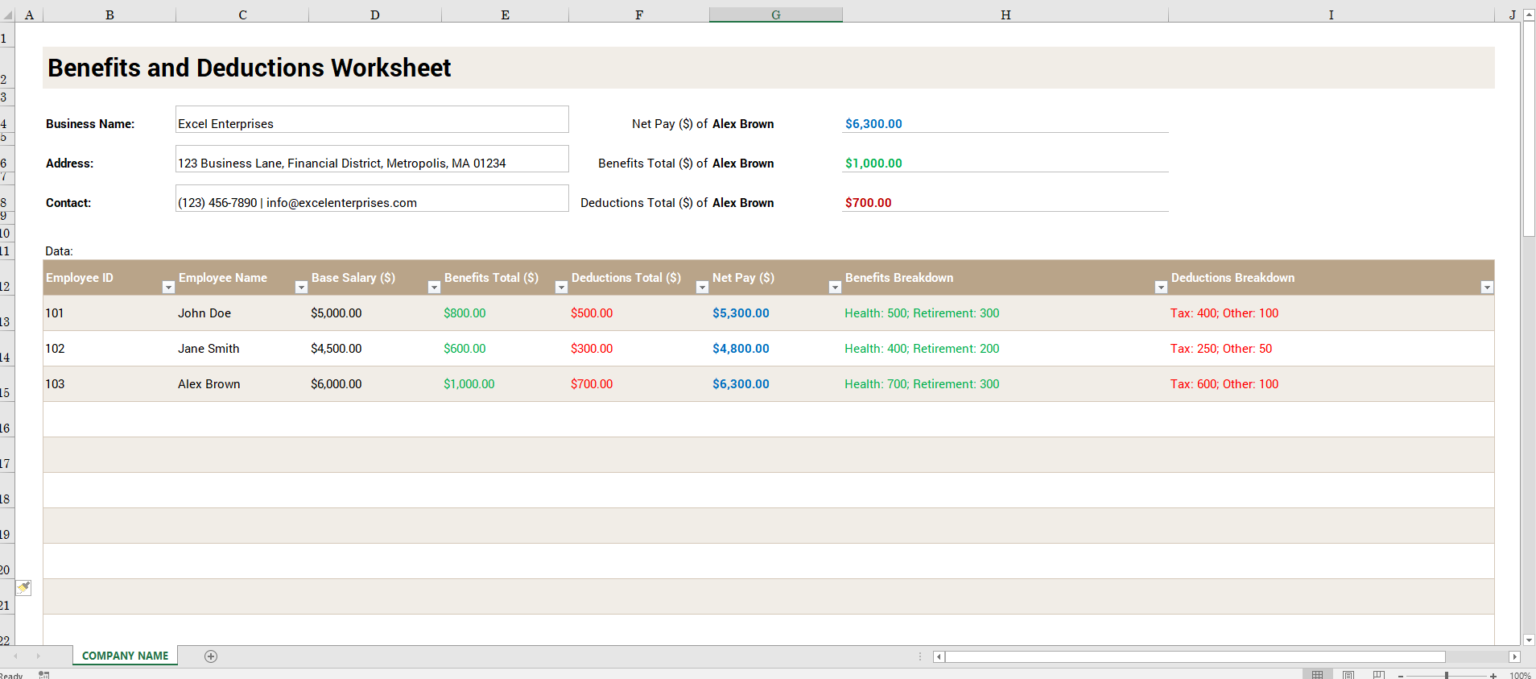Benefits and Deductions Worksheet Template for Excel | Save