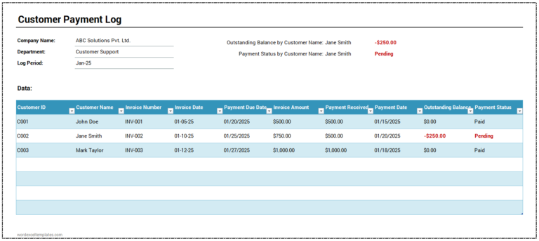 Customer Payment Log Template for Excel | Download/Save File