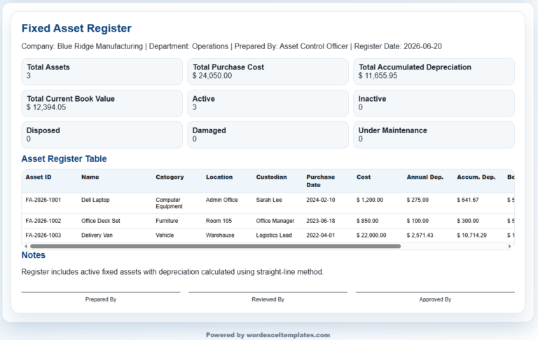 Fixed Asset Register Template for Excel | Generate Online