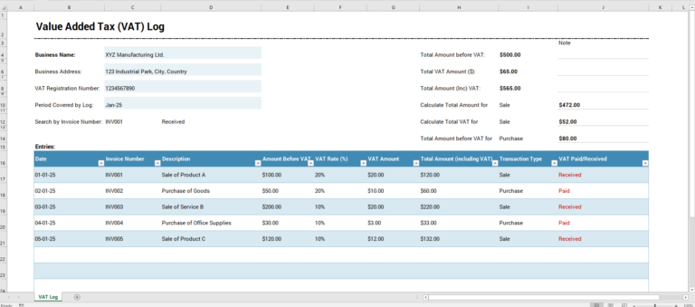 Value Added Tax (VAT) Log Template for Excel | Download