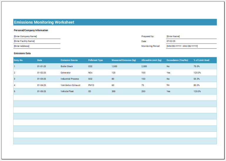 Emissions Monitoring Worksheet Template for Excel | Download