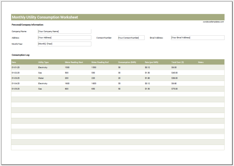 Monthly Utility Consumption Worksheet for Excel | Download
