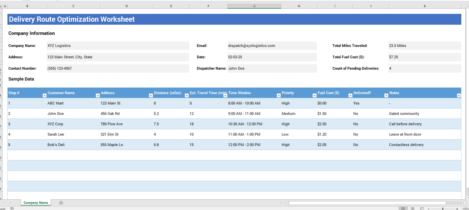 Delivery Route Optimization Worksheet for Excel | Download