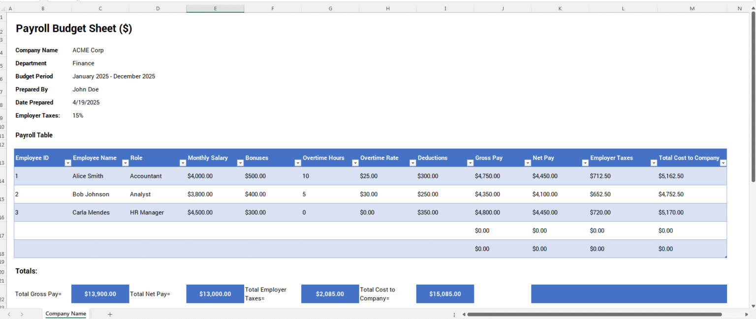 Payroll Budget Sheet Template for Excel | Download & Save