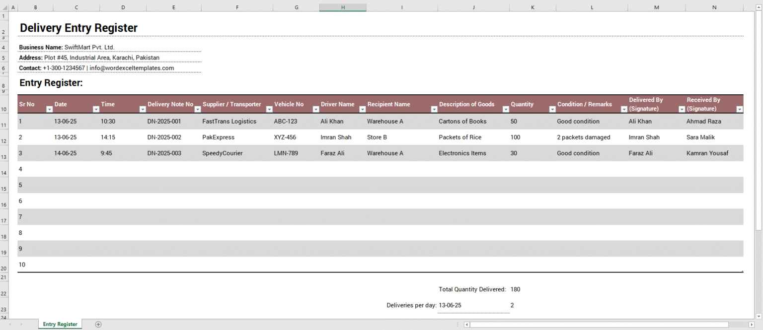 Delivery Entry Register Template for Excel | Download File