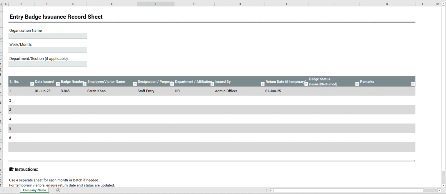Entry Badge Issuance Record Sheet for Excel | Download File