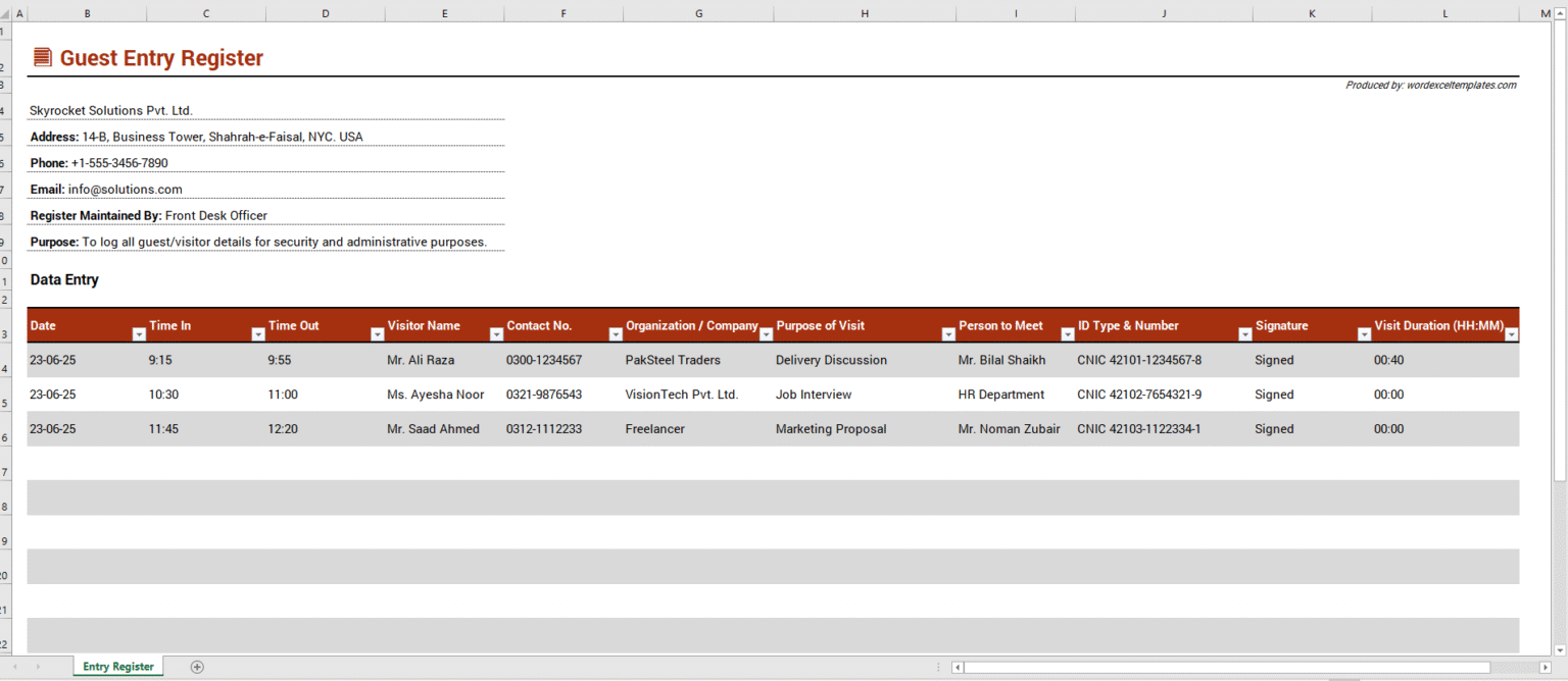 Guest Entry Register Template for Excel | Download File