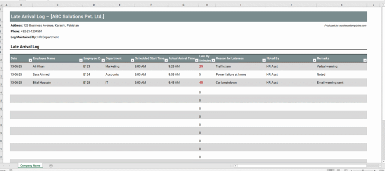 Late Arrival Log Template for Excel | Word & Excel Templates