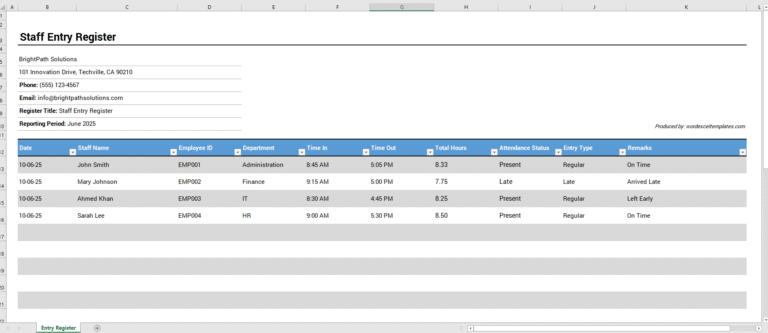 Staff Entry Register Template for Excel | Download (.xlsx)