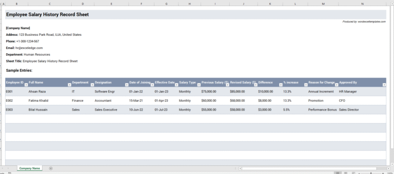 Employee Salary History Record Sheet Template for Excel
