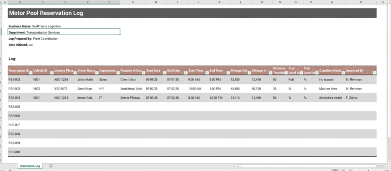 Motor Pool Reservation Log Template for Excel | Download