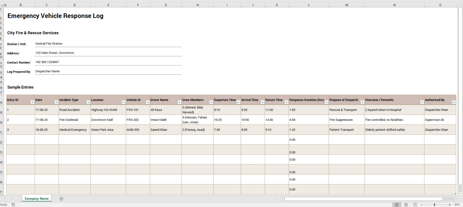 Emergency Vehicle Response Log for Excel | Download File
