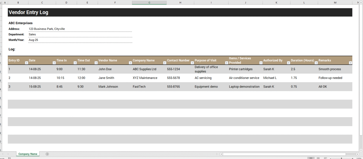 Vendor Entry Log Template for Excel | Word & Excel Templates