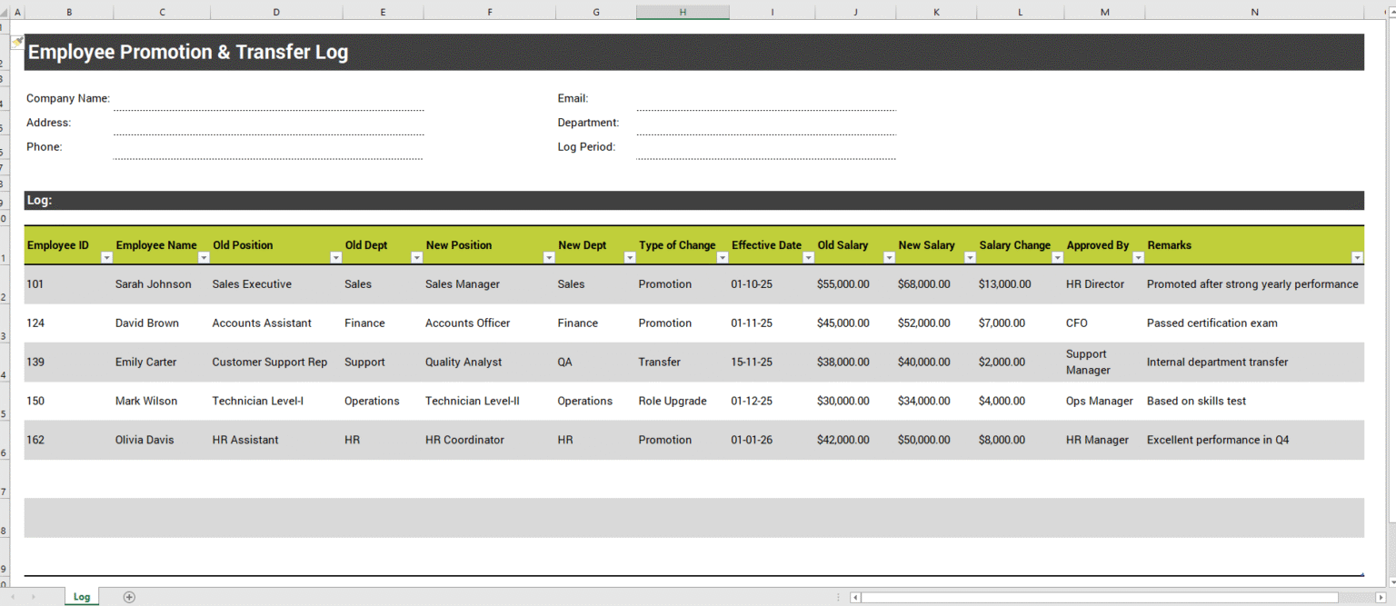 Employee Promotion & Transfer Log | Word & Excel Templates
