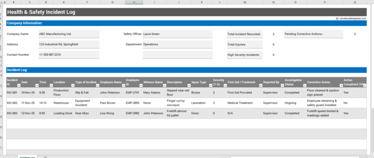 Health & Safety Incident Log Template for Excel | Download