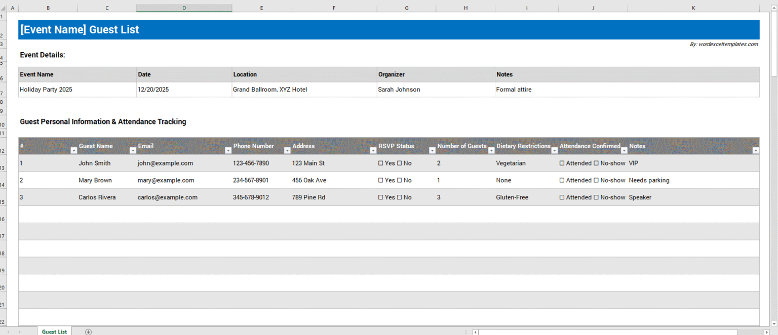 Holiday Event Guest List Template for Excel | Download File