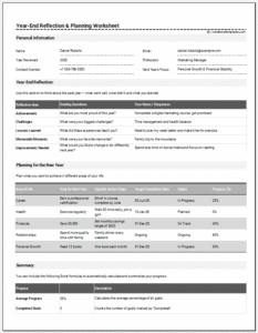 Year-End Reflection & Planning Worksheet for Excel | Save