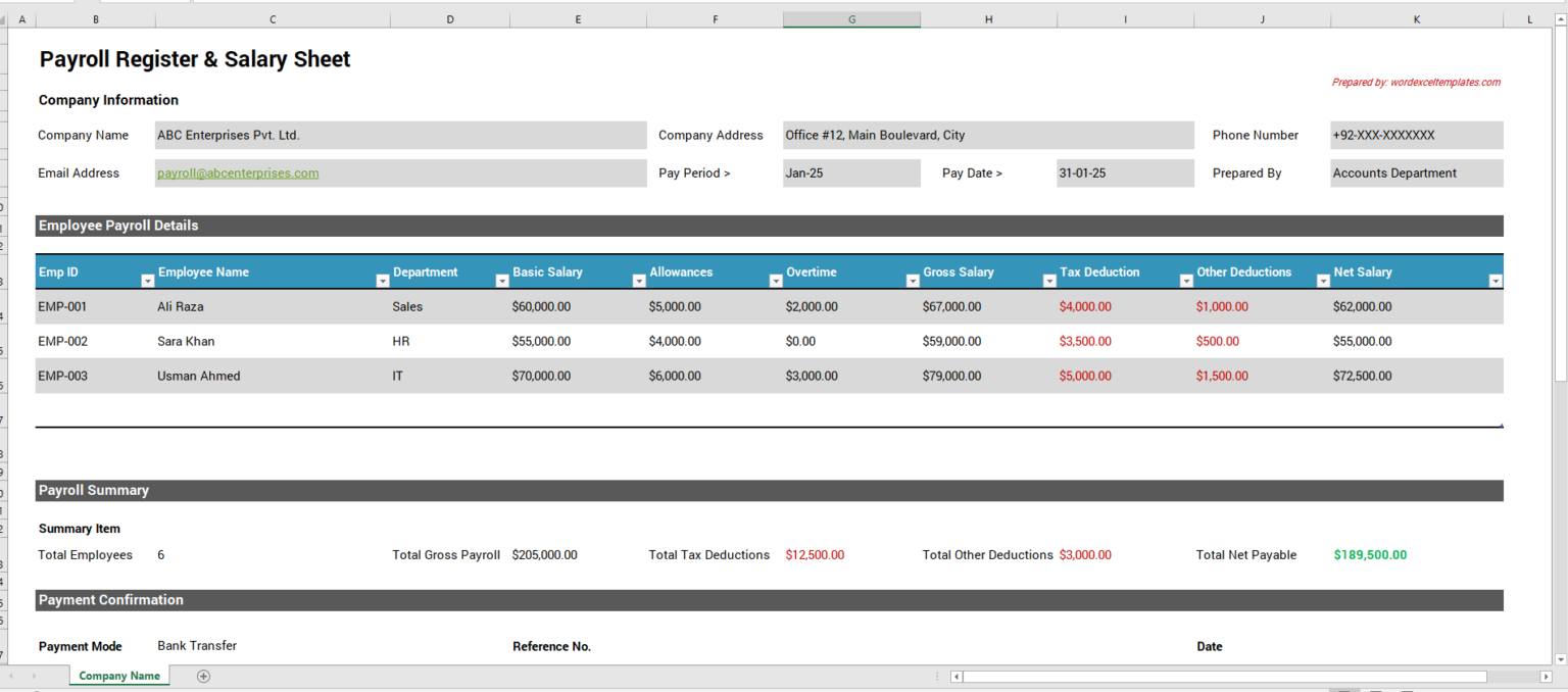 Payroll Register & Salary Sheet Template for Excel | Save